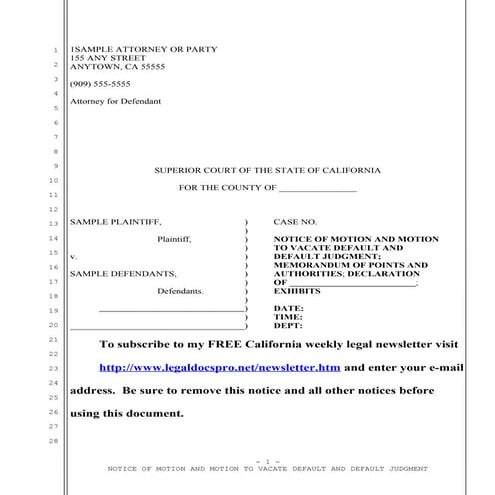 Sample California motion to vacate default judgment under Code of Civl ...