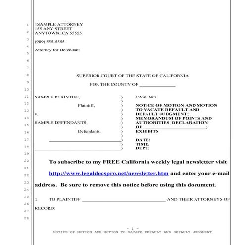 Sample ex parte application for continuance of trial date for ...