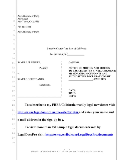Sample California motion to vacate default judgment under ccp section ...