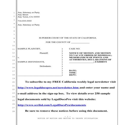 Sample motion to vacate stipulation in California | DOC