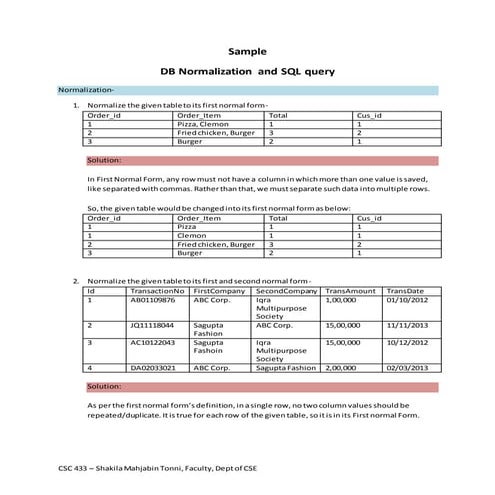 Csc 433 Sample Normalization Sql Question Docx Databases Computer 1847