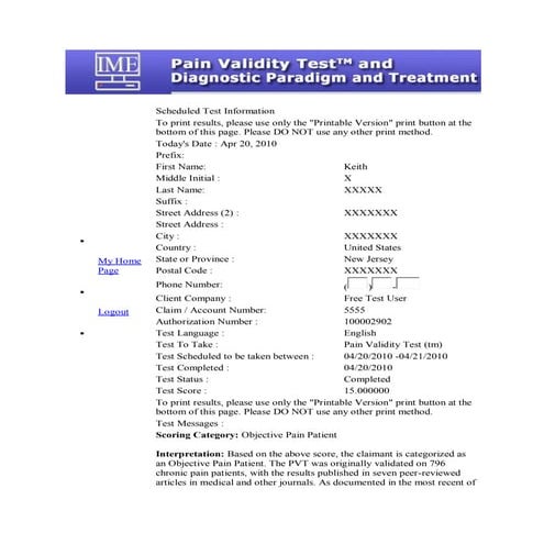 Sample Pain Validity Test objective patient | PDF