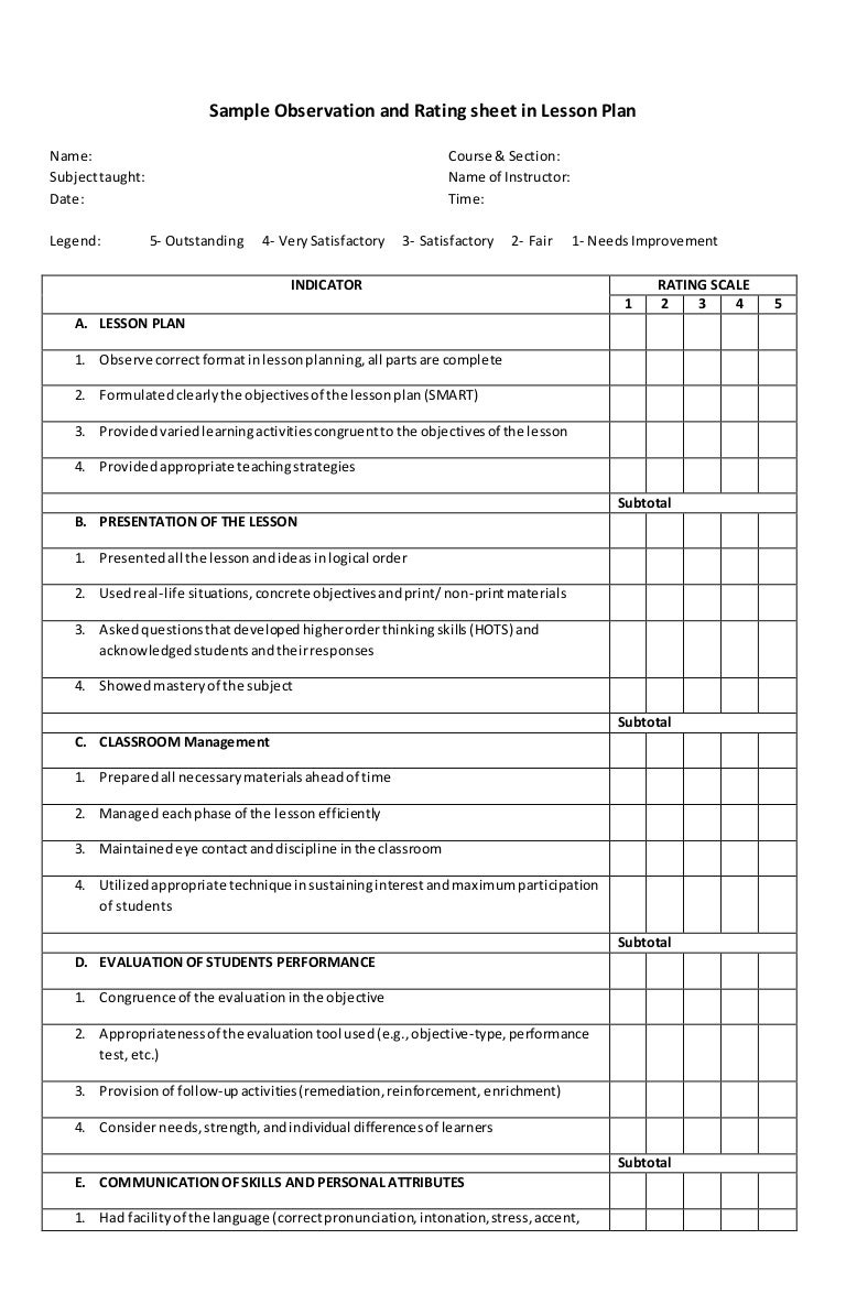 Sample Observation And Rating Sheet In Lesson Plan Sample Observation And Rating Sheet In Lesson Plan