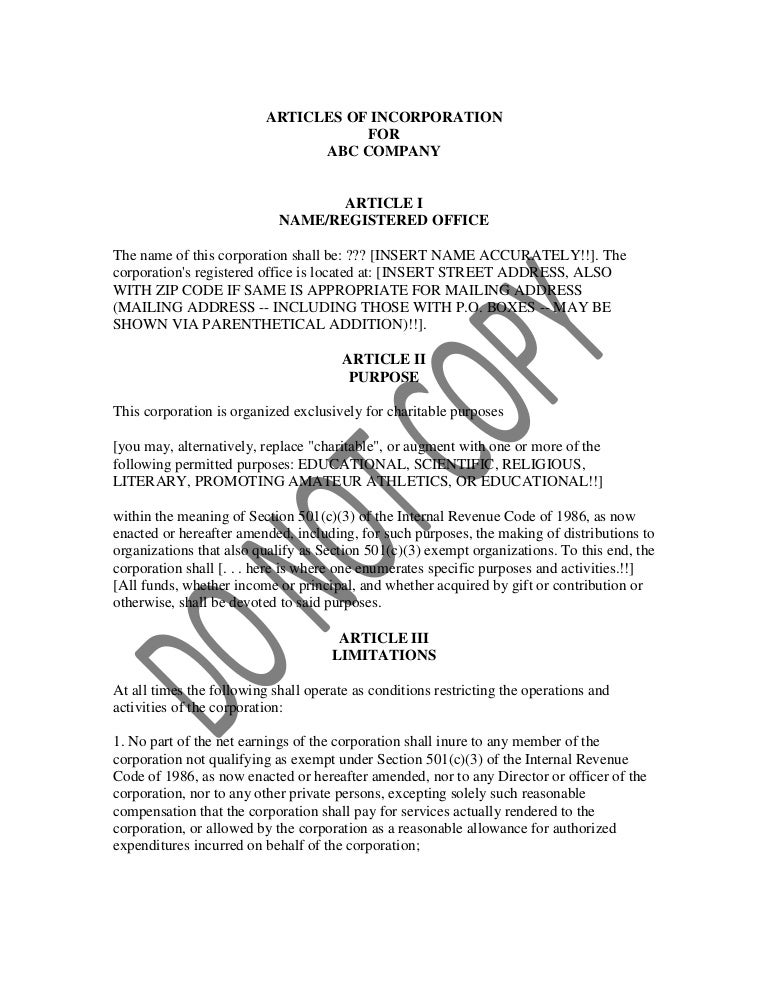 Sample of articles of incorporation