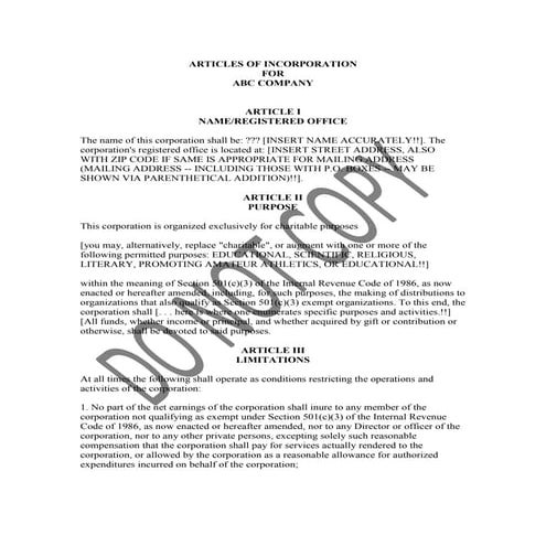 Sample of articles of incorporation | PDF