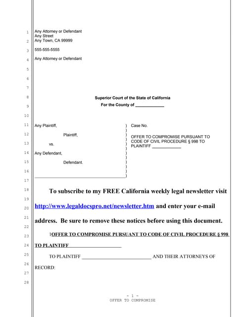 Sample rule 68 offer of judgment in United States District Court | DOC ...