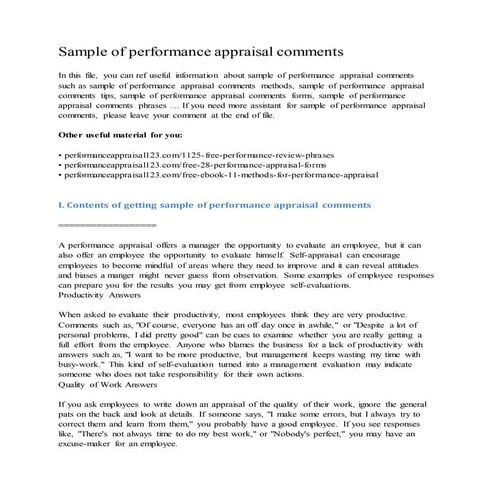 Sample Performance Appraisal Comments For Nurses