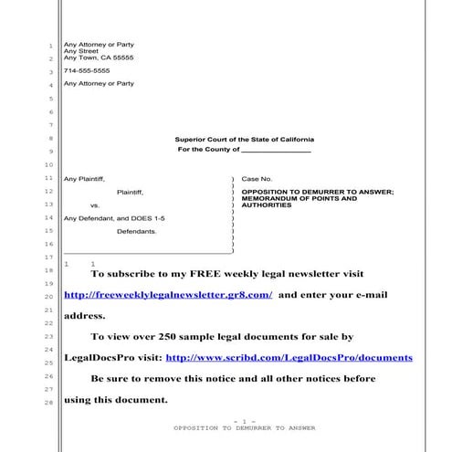 Sample opposition to demurrer to answer for California | DOC