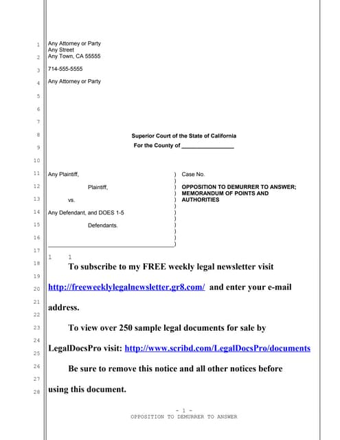Sample opposition to demurrer for california | DOC