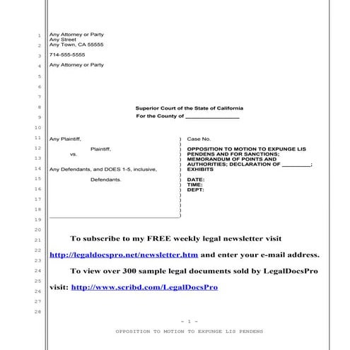 Sample opposition to motion to expunge lis pendens in california | DOC