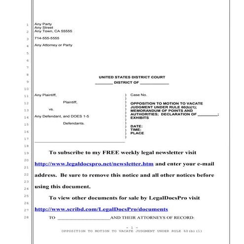 Sample opposition to rule 60(b)(1) motion to vacate judgment in United ...