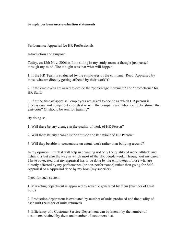 Sample performance evaluation statements