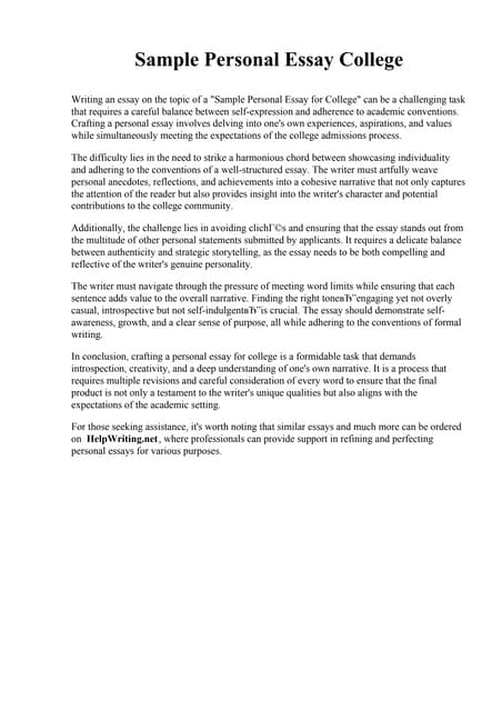 Sample College Personal Essay. Harrington College of Design | PDF