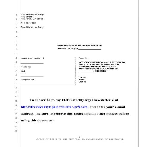 Sample petition to vacate arbitration award in California | DOC