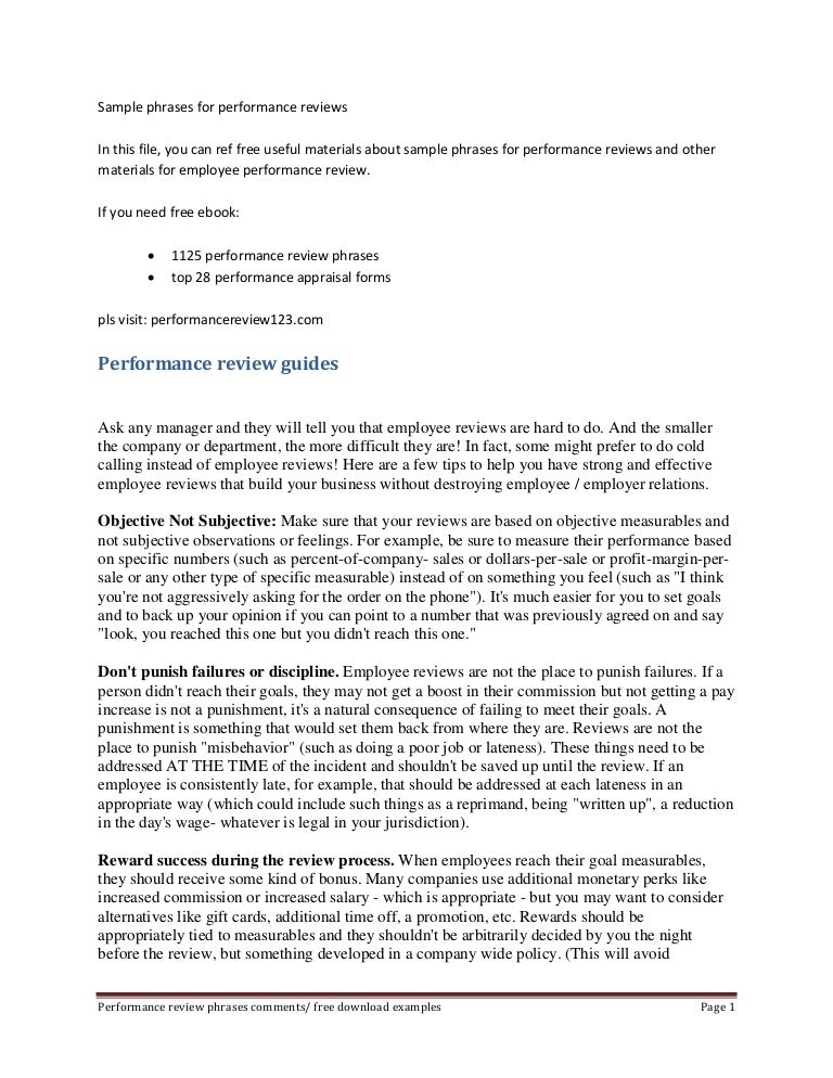 Sample Phrases For Performance Reviews Sample Phrases For Performance Reviews