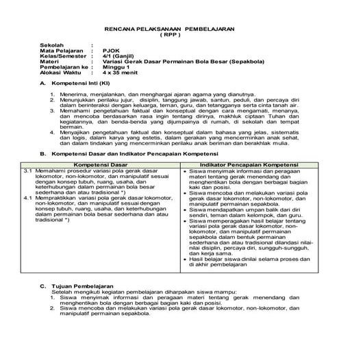 RPP PJOK kelas 4 Revisi 2017 | DOCX