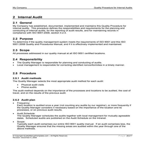 Internal quality audit procedure example