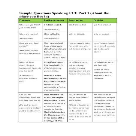 Sample questions speaking fce part 1 | DOCX