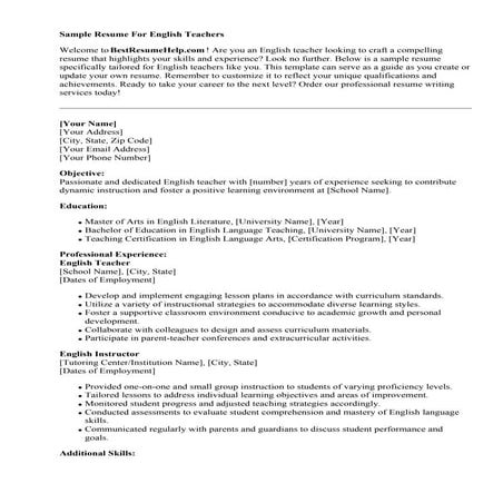 Sample Resume For English Teachers | PDF