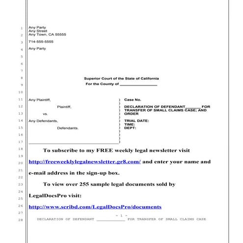 Sample small claims transfer declaration for California | DOC