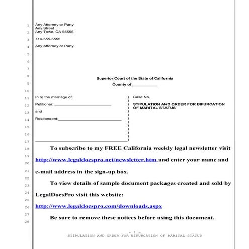 Sample stipulation and order for bifurcation of marital status in ...