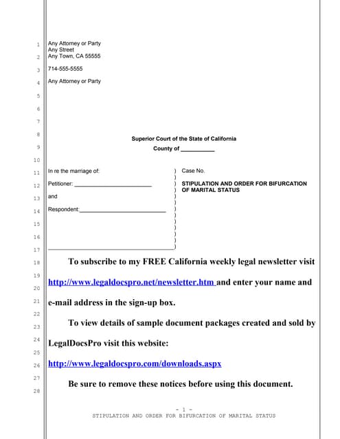 Sample California motion to bifurcate marital status | DOC | Legal ...
