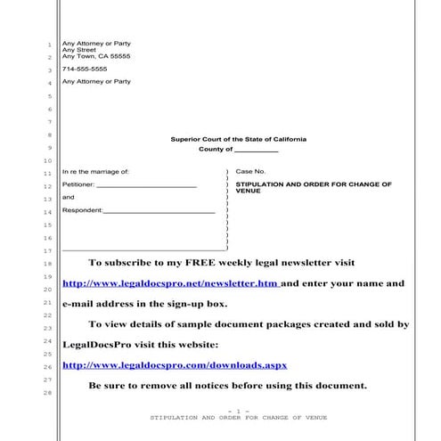 Sample stipulation and order for change of venue in California divorce ...