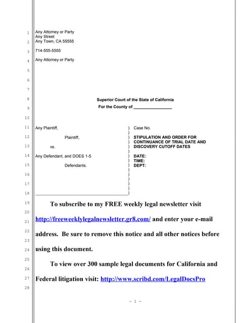Sample ex parte application for continuance of trial date for ...