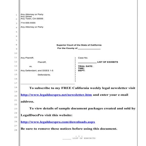 Sample trial exhibit list for California | DOC