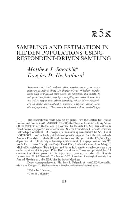 Sampling And Estimation In Hidden Populations 1 Pdf