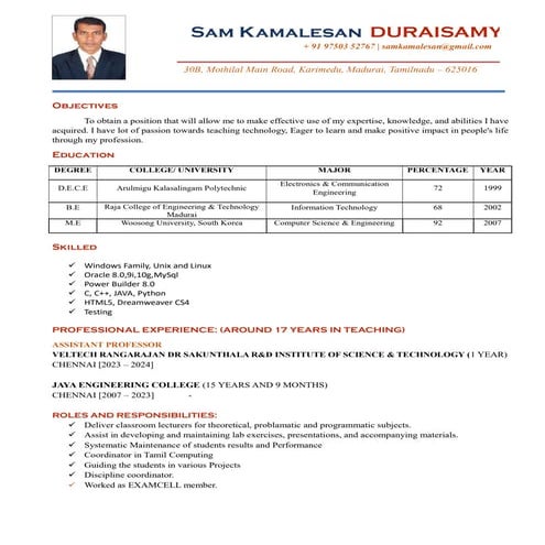 SAM KAMALESAN - COMPUTER SCIENCE AND ENGINEERING TEACHING RESUME | PDF