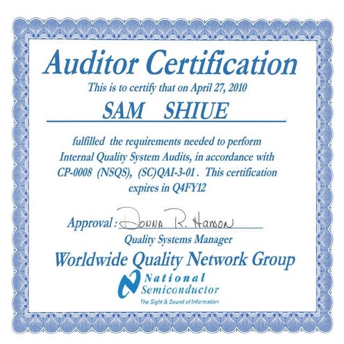 Sam Shiue Quality System Certificate | PDF
