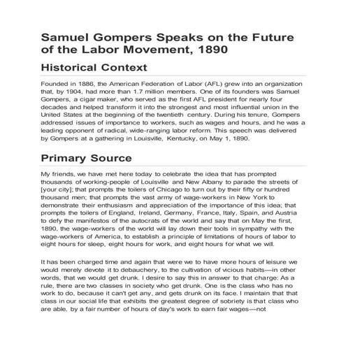 Samuel gompers speaks on the future of the labor movement 1890 | PDF