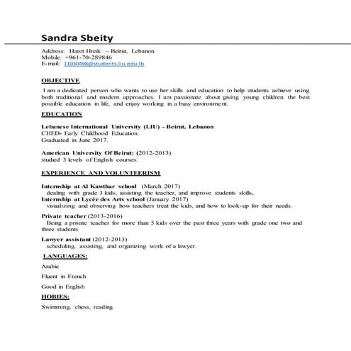 Sandra sbeity final cv | DOCX | Education industry | Industries