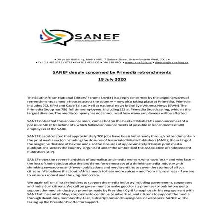 Sanef presser sanef concerned by retrenchments at primedia - 19 july ...