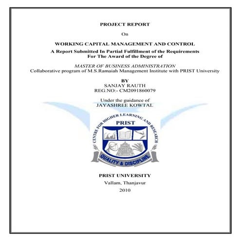 A PROJECT REPORT ON WORKING CAPITAL MANAGEMENT AND CONTROL | DOCX