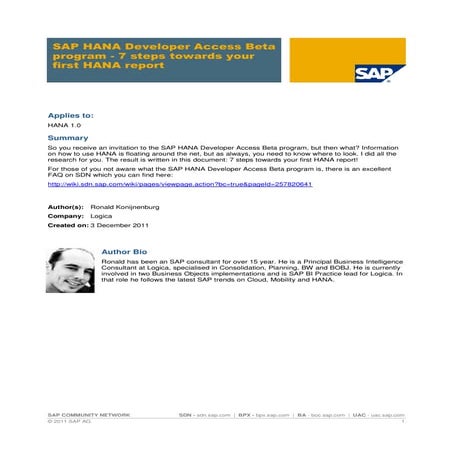 SAP HANA Developer Access Beta program - 7 steps towards your first HANA report | PDF