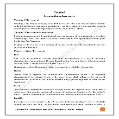 Introduction to investment/ Module-1 / SAPM/ 6th semester/ BBA/ BU/ NEP | PDF