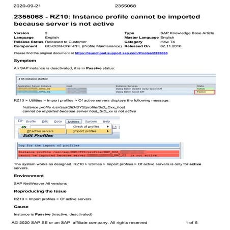 Sapnote 0002355068 Rz10 Instance Profile Cannot Be Imported Because Server Is Not Active Pdf 