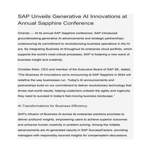SAP Unveils Generative AI Innovations at Annual Sapphire Conference | PDF
