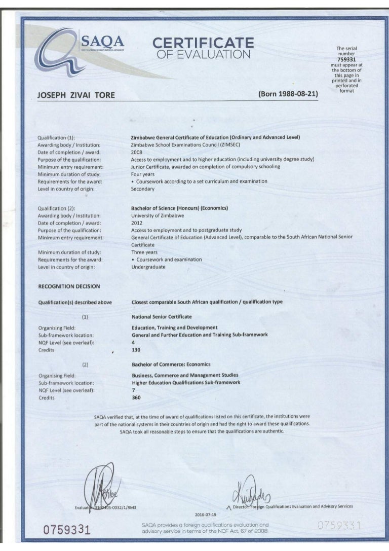 Saqa Certificate Of Pressed