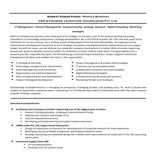 Professional Summary Saswat Kumar Panda Ceo And Founder Learnitude Technologies Pvt Ltd Pdf