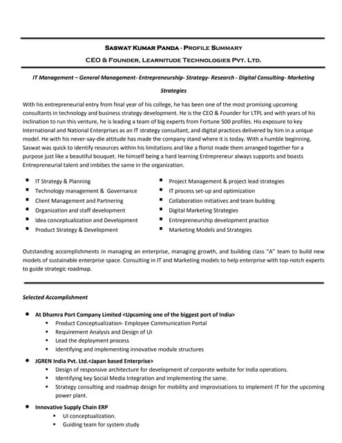 Professional Summary Saswat Kumar Panda Ceo And Founder Learnitude Technologies Pvt Ltd Pdf