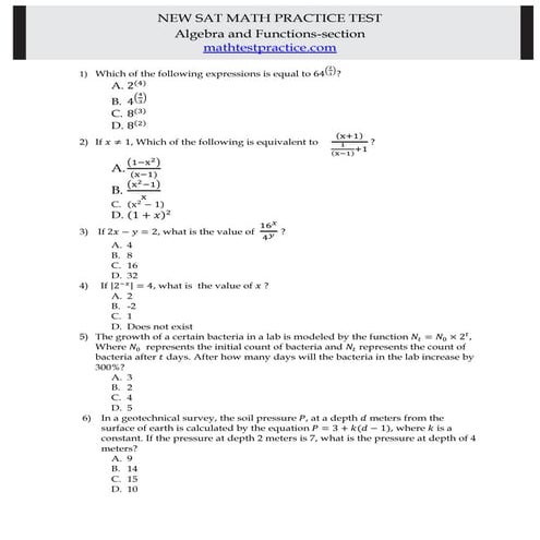 New SAT Math practice test-algebra and functions | PDF