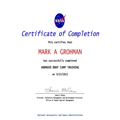 Android Programming Boot Camp Course Certificate 9 17 12 Thru 9 21 12
