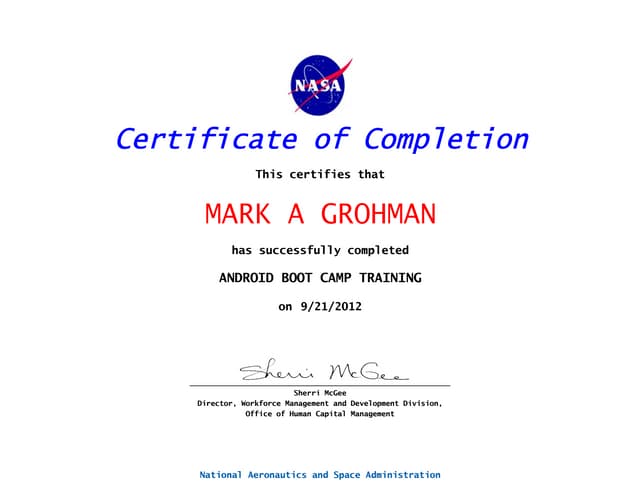 Android Programming Boot Camp Course Certificate 9 17 12 Thru 9 21 12