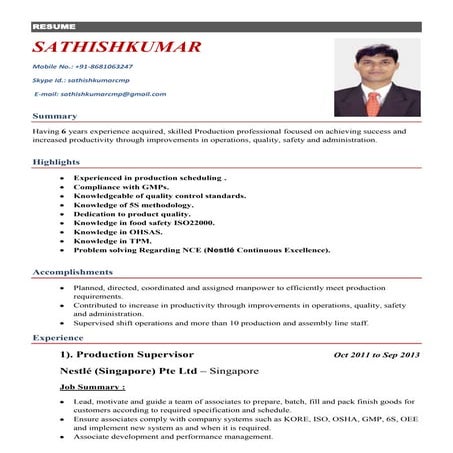 Sathishkumar production supervisor | PDF