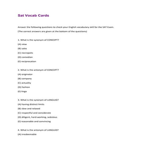 Sat Vocab Cards | PDF | Food & Drink