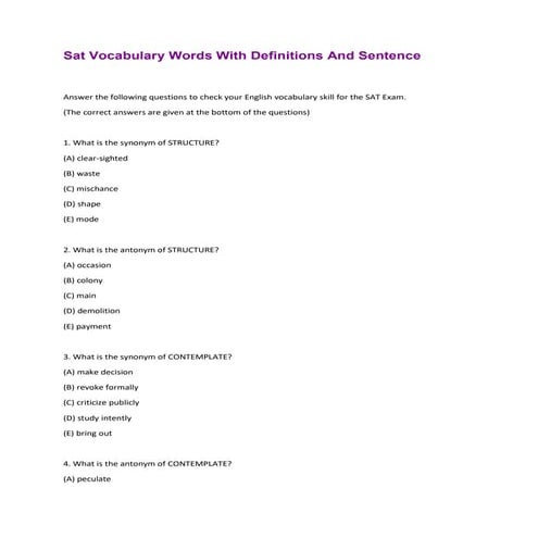 Sat Vocabulary Words With Definitions And Sentence | PDF