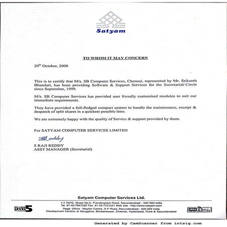 Satyam Appreciation Letter | PDF